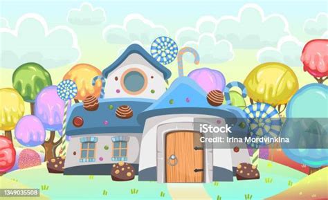 아이스크림과 젤리 나무와 화려한 숲에서 사탕 오두막 달콤한 캐러멜 요정 집 여름 귀여운 풍경 만화 스타일의 평면 디자인에 그림 어린이를위한 사진 벡터 땅에 대한 스톡 벡터