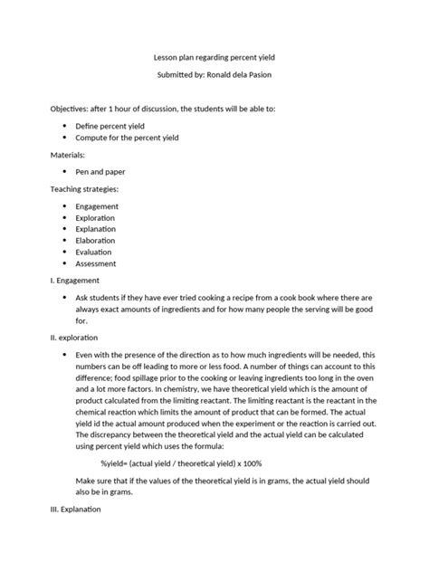 Percent Yield Lesson Plan Ronald Dela Pasion Pdf