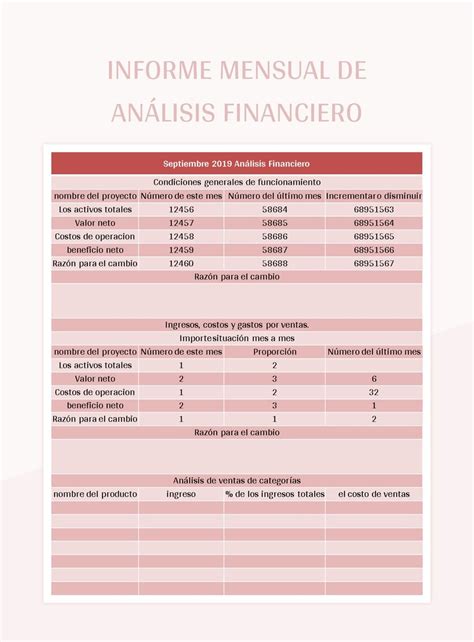 Plantilla De Excel Informe Mensual De Análisis Financiero Y Hoja De