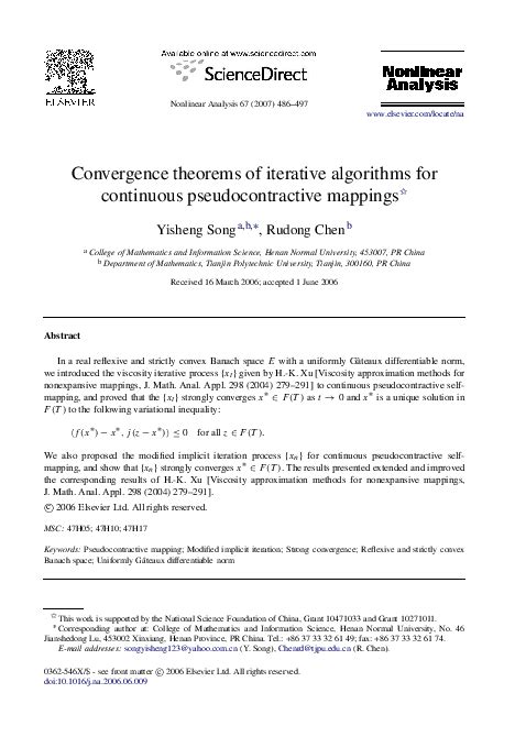Pdf Convergence Theorems Of Iterative Algorithms For Continuous Pseudocontractive Mappings