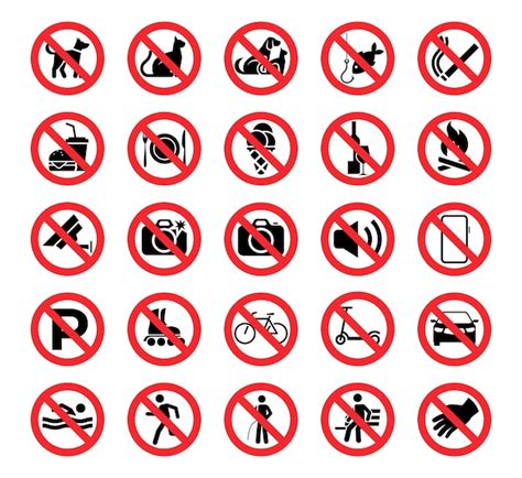 Set Van Verbod Pictogrammen Verbod Waarschuwing Rode Cirkel Met Schuine