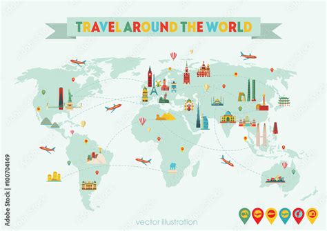 World Map Travel And Tourism Background Vector Illustration Stock