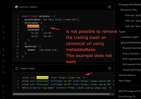 metadata can t remove trailing slash from canonical url when using