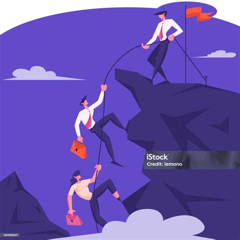 비즈니스 리더 캐릭터 도움말 팀 상승 으로 바위의 상단에 게양 된 붉은 깃발 로프 와 사업가 산 피크에 팀원을 당겨 팀워크와 리더십 개념 만화 플랫 벡터 일러스트 개념에