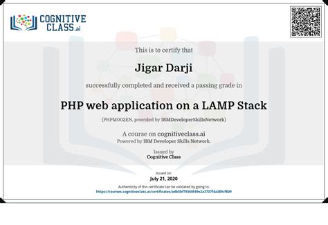 Ibmdeveloperskillsnetwork Phpm002en Certificate Cognitive Class