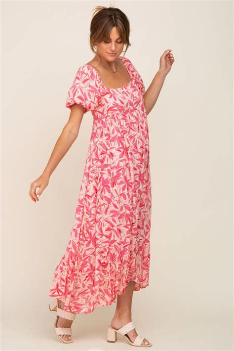 Fuchsia Floral Puff Sleeve Midi Dress Pinkblush
