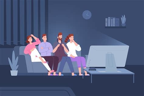소파에서 무서워하는 사람들 홈 Tv에서 공포 영화를보고있는 친구 두려운 커플은 어두운 방에서 함께 Tv 영화 스릴러를보고 무서운