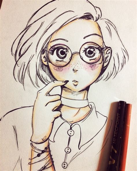 Girl With Glasses Sketch Anime