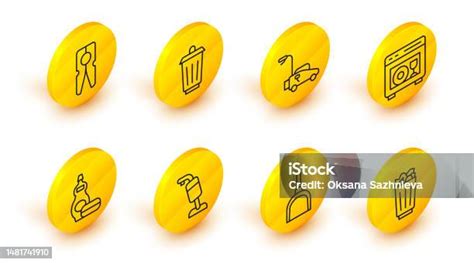 세트 라인 전체 쓰레기통 쓰레받기 진공 청소기 식기 세척 액체 병 식기 세척기 잔디 깎는 기계 쓰레기 및 옷 핀 아이콘 벡터 3