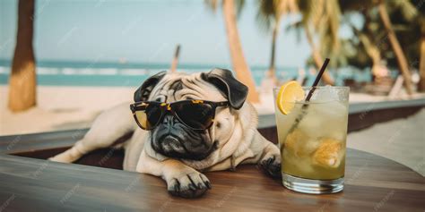 Premium Photo Pug Dog Is On Summer Vacation At Seaside Resort And