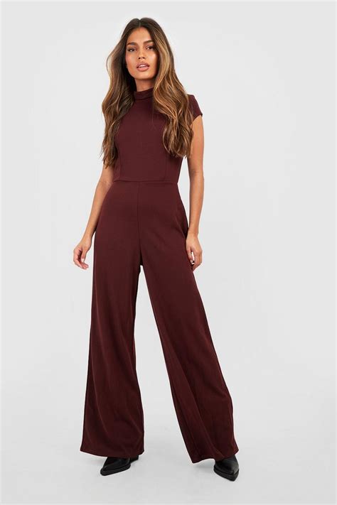 Crepe High Neck Cap Sleeve Wide Leg Jumpsuit Boohoo Uk