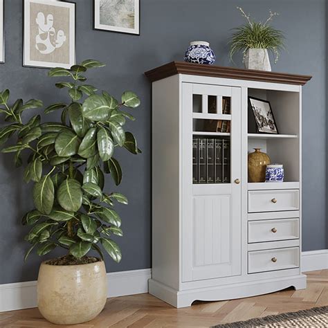 Lomadox Highboard Bormio 163 Massivholz Weiß Mit Walnuss Optik 90 Cm