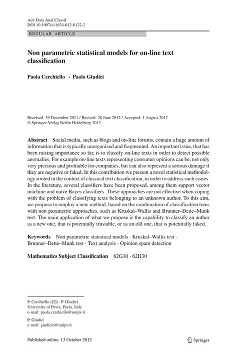 Pdf Non Parametric Statistical Models For On Line Text Classification