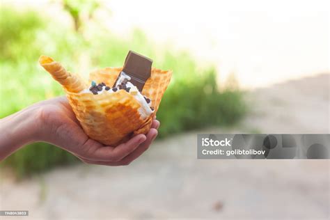 자연에서 피크닉을 하는 동안 와플과 맛 있는 아이스크림을 들고 젊은 여자 여름 음식 개념입니다 밝은 여름 날에 막대기로 맛 있는 아이스크림을 먹는 젊은 성인 개념에 대한