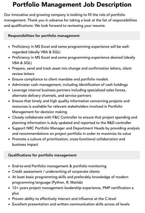 Portfolio Management Job Description Velvet Jobs