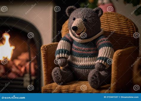 Teddy Bear By The Fireplace Cozy Atmosphere Generative Ai Stock