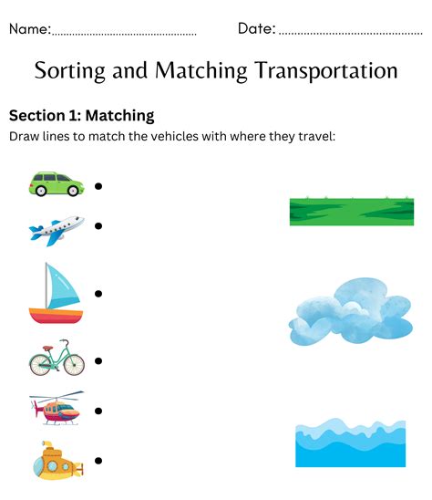 Matching Transportation Worksheet For Kindergarten Free Word Template