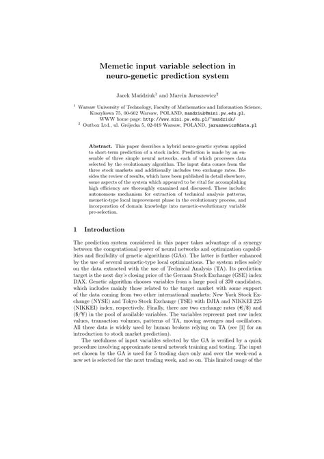pdf memetic input variable selection in neuro genetic prediction system