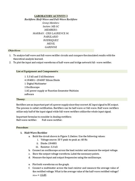 Laboratory Activity 3 Pdf Rectifier Alternating Current