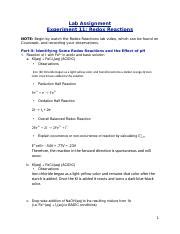 Redox Reactions Report Docx Lab Assignment Experiment 11 Redox Reactions NOTE Begin By Watch
