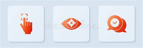 Set Eye Scan Fingerprint And Check Mark Speech Bubble White Square Button Stock Vector