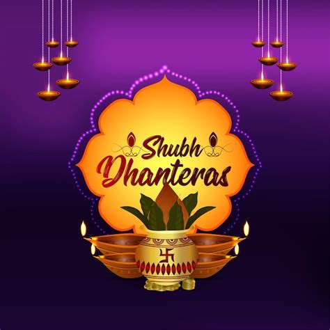 금화 냄비와 Shubh Dhanteras 인도 축제 배경 프리미엄 벡터