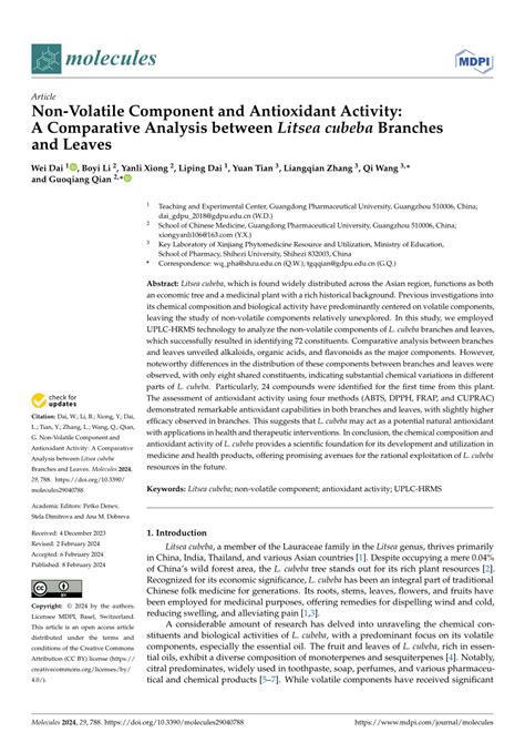 Pdf Non Volatile Component And Antioxidant Activity A Comparative Analysis Between Litsea