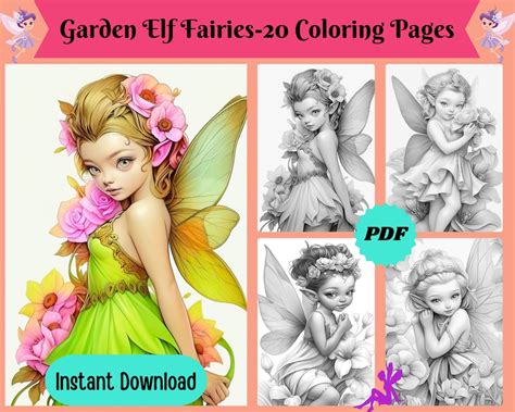 20 Garden Elf Fairies Grayscale Printable Coloring Pages For Adults