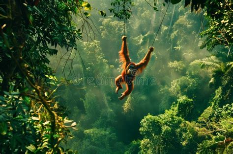 An Orangutan Swinging Effortlessly Through The Dense Rainforest Canopy