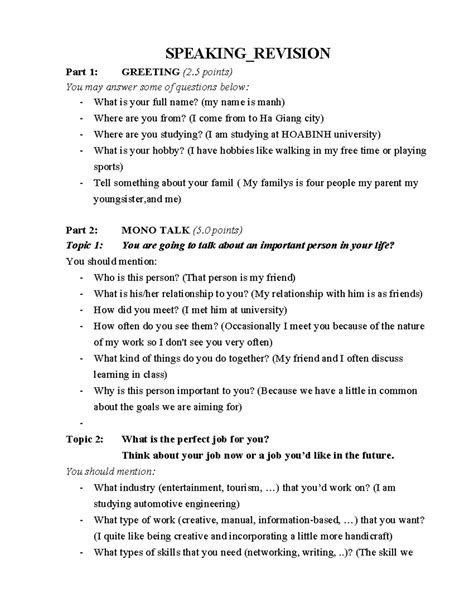 Speaking Revision Ft Bài Kiểm Tra Tiếng Anh Speakingrevision Part