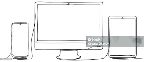 휴대 전화 컴퓨터 모니터 및 태블릿 Pc 손으로 그린 연속 선 아트 벡터 그림입니다 라인아트에 대한 스톡 벡터 아트 및 기타