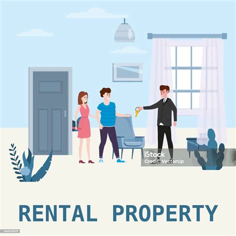 부동산 개념 새 홈 서비스를 판매하거나 임대합니다 새로운 집이나 큰 부분을 구입하는 현대 가족 문자 인테리어 새로운 주택 부동산은 새로운 가정에서 가족에게 열쇠를 제공합니다