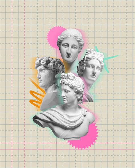 Contemporary Art Collage Multiple Classical Sculpture Busts Over Beige Graph Paper Backdrop