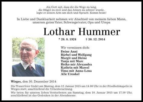 Traueranzeigen Von Lothar Hummer Rz Trauer De