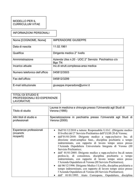 Modello Per Il Curriculum Vitae Ulss 20 Verona