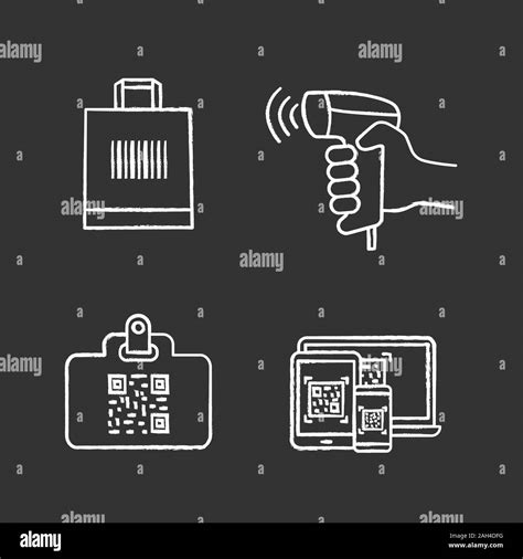 Barcodes Chalk Icons Set Qr Code Identification Card Handheld Barcode Scanner Shopping Bag