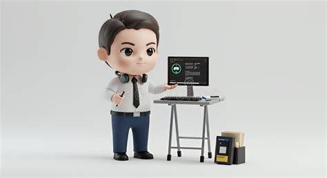Playful 3d Rendered Chibi Businessman At Desk With Computer And Graph