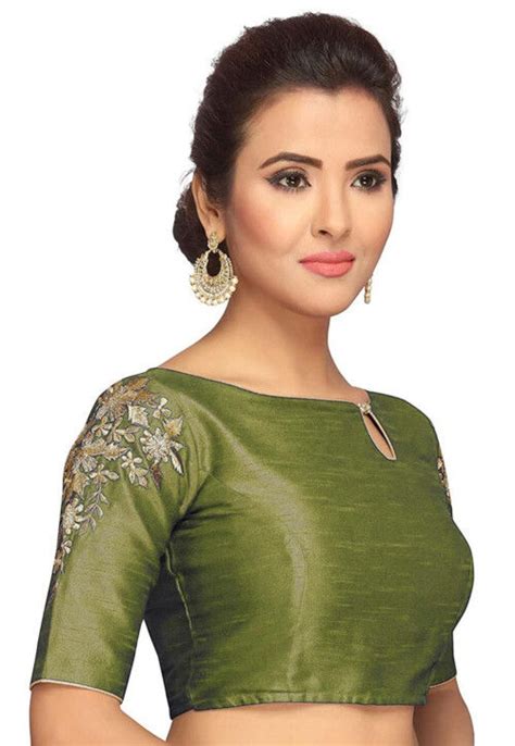 Buy Embroidered Dupion Silk Blouse In Olive Green Online Uve163