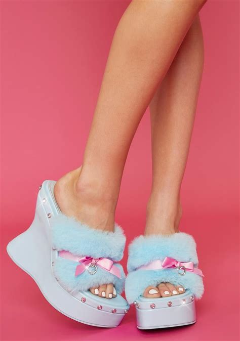 Sugar Thrillz Faux Fur Rhinestone Stud Platform Sandals Blue Girly