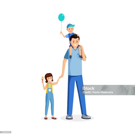 아이 플랫 벡터 일러스트와 함께 서 아버지 베이비 시터 어린 부모는 어린이 만화 캐릭터와 함께 가족 휴가를 축하합니다 행복한