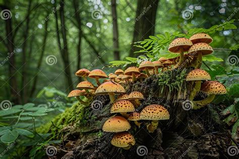 Hongos Creciendo En El Tronco De Un Mossy En Un Bosque Exuberante Stock