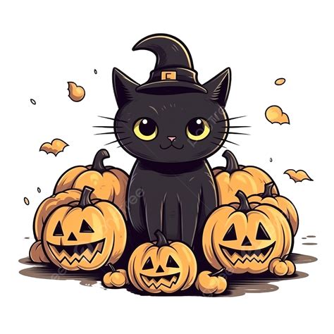Cartoon Cute Hand Draw Black Cat And Ghosts Sleep And Pumpkin Halloween