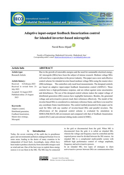 Pdf Adaptive Input Output Feedback Linearization Control For Islanded