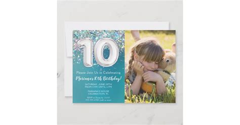 Photo Teal Silver Glitter 10th Birthday Invitation Zazzle