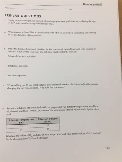 solved thermodynamics pre lab questions 1 using your