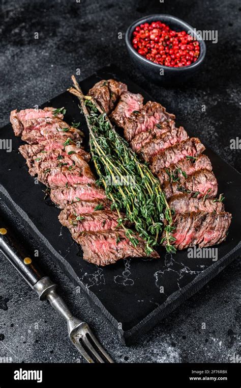 Skirt Machete Grilled Meat Beef Steak Black Background Top View Stock