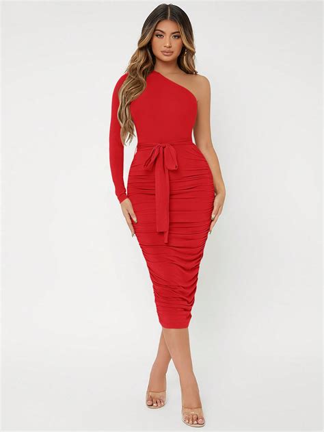 Shein Sxy ชุดรัดรูป บอดี้คอน ไหล่ข้างเดียว นัวเนีย ระบาย Shein Th