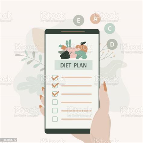화면에서 다이어트 계획을 위한 모바일 응용 프로그램 소녀는 응용 프로그램에서 영양 및 훈련 일정을 계획 Brand Name Smart Phone에 대한 스톡 벡터 아트 및
