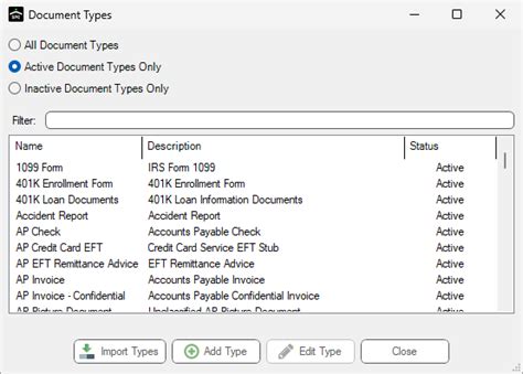 Administration Types Document Types Manually Adding Document Types