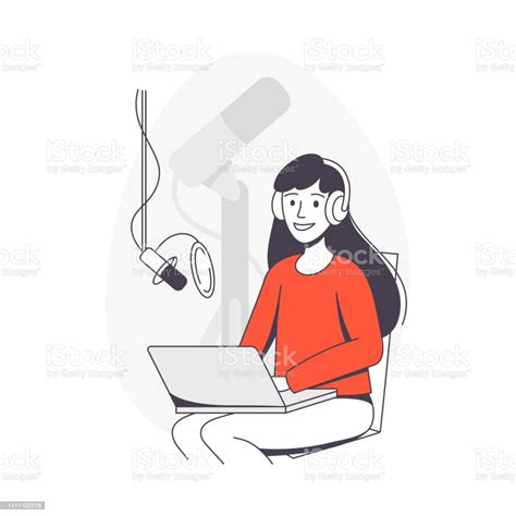 마이크 방송 및 라이브 스트리밍 개요 벡터 일러스트레이션을 가진 젊은 여성과 함께하는 팟캐스트 녹음 공중에 대한 스톡 벡터 아트